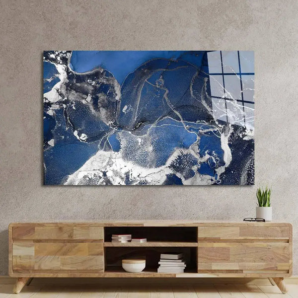 Abstract Blue and Silver Alcohol Ink Marble Glass Wall Art – CreoGlass®